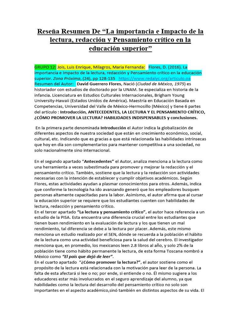 Reseña Resumen de | PDF | Pensamiento | Pensamiento crítico