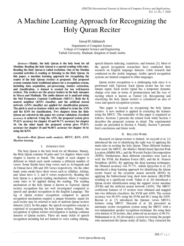Quran Reciter Recognition Using ML | PDF | Cognitive Science | Applied ...