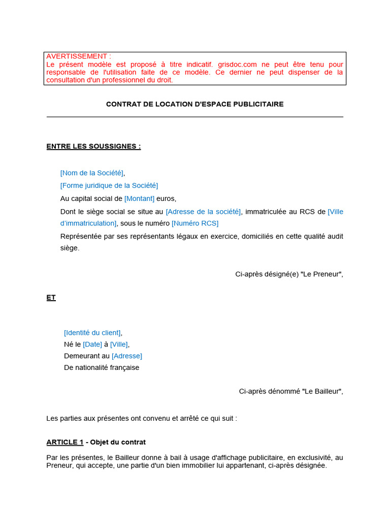 Modèle de contrat de location publicitaire | PDF | Droit privé | Justice