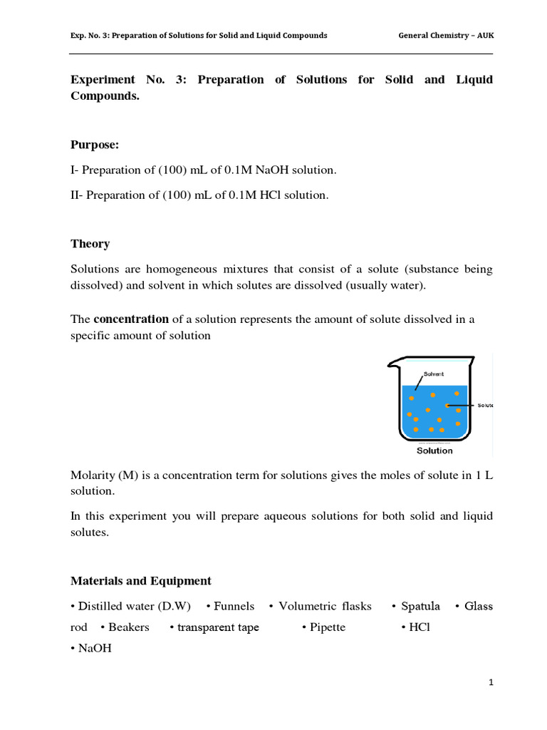 Experiment No. 3 Preparation of Solutions For Solid and Liquid ...