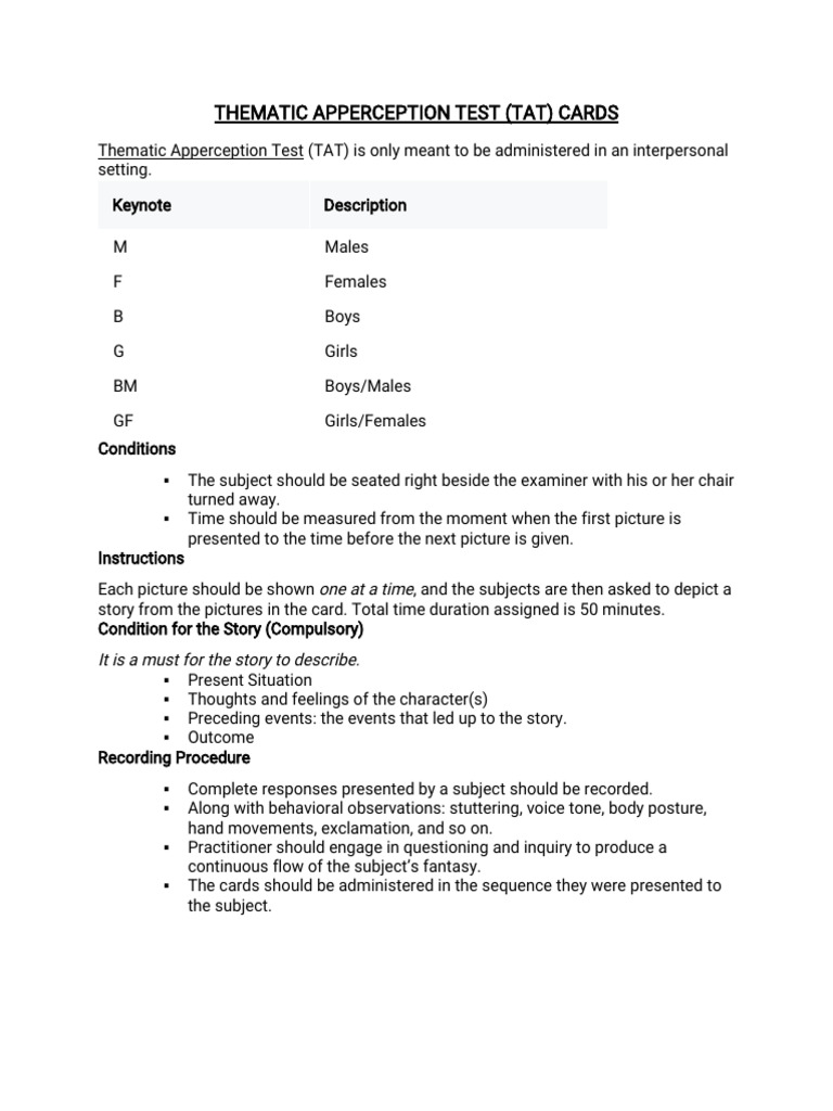Thematic Apperception Test (TAT) Cards Guide | PDF