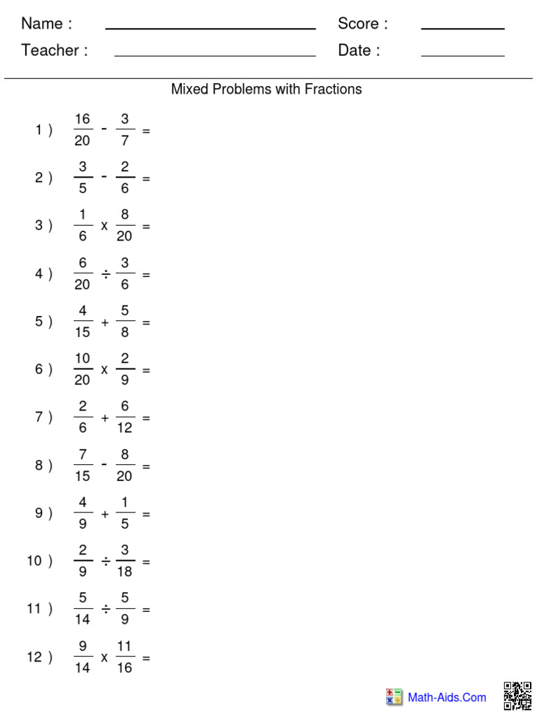 Mixed Fraction Problems Worksheet | PDF