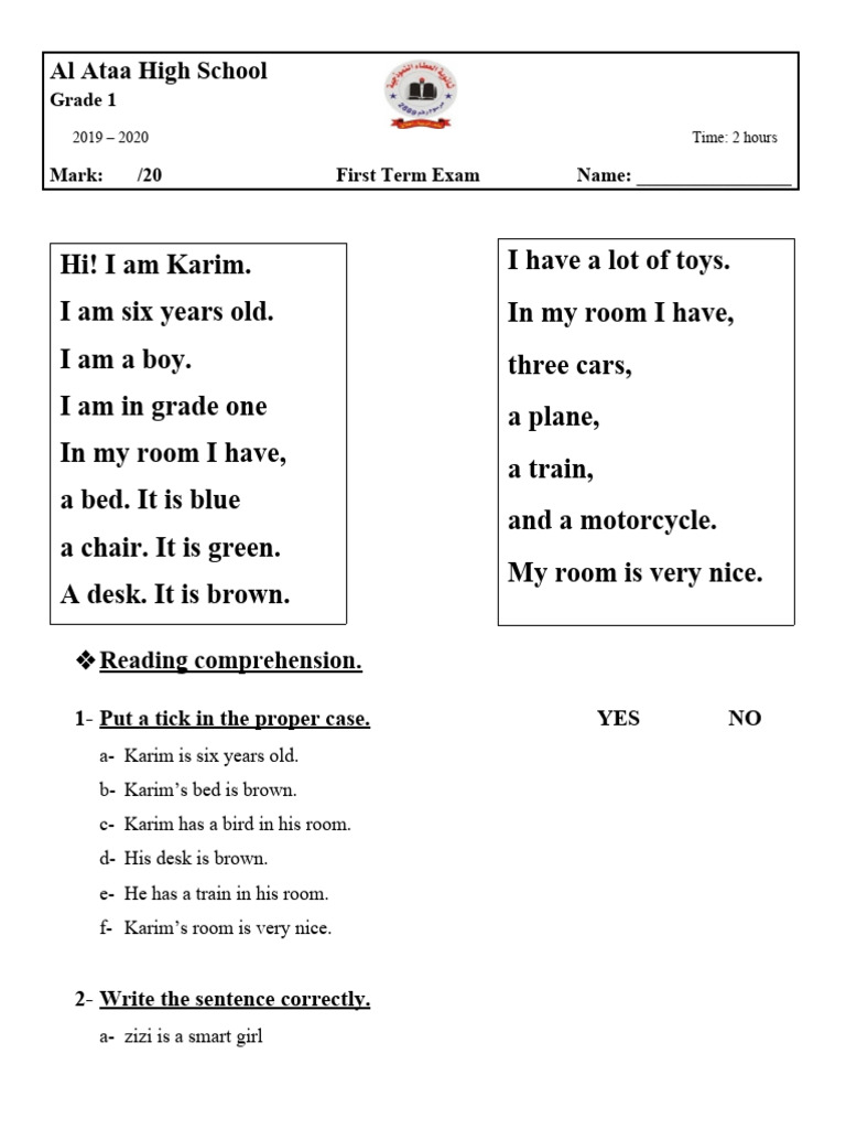 Grade 1 First Term Exam | PDF | Linguistics