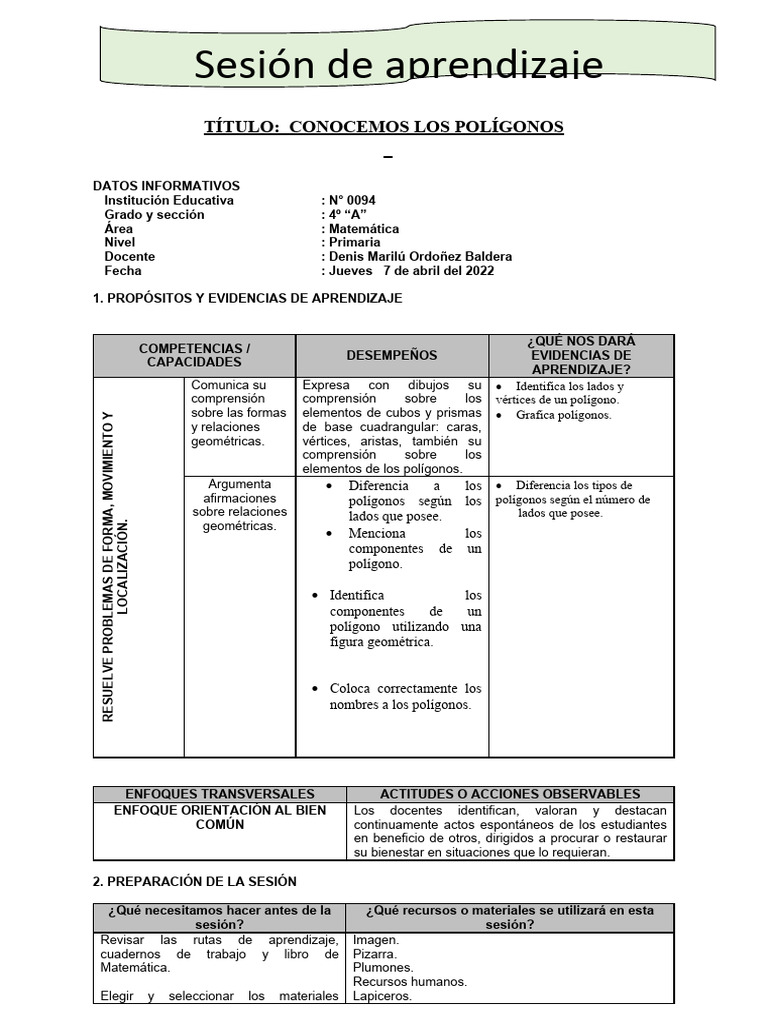 Sesion-De-Matematica Poligonos 7-4-22 | PDF | Aprendizaje | Polígono