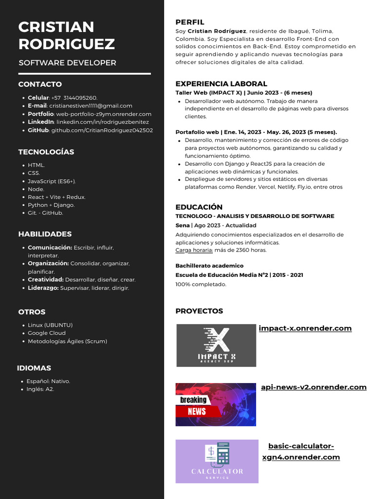 CV - Software Developer - Cristian Estiven Rodriguez Benitez | PDF | Red mundial | Internet y web