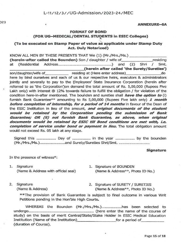 UG Bond-ESIC MC, Rajajinagarenglish | PDF