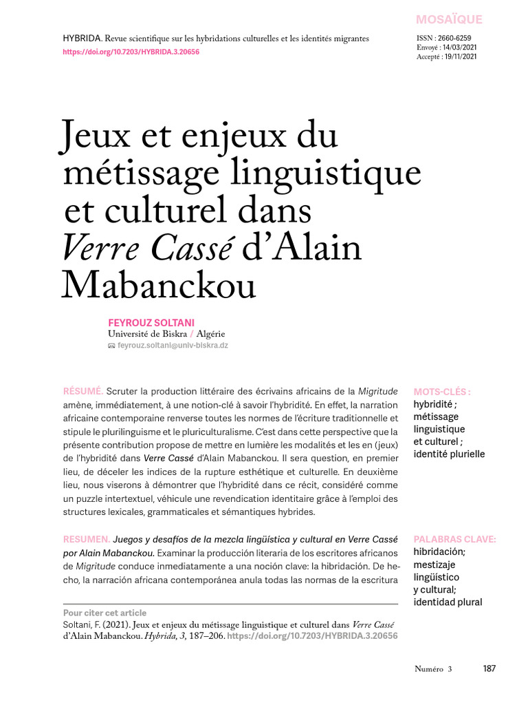Métissage culturel dans Verre Cassé | PDF | Romans | Langue française