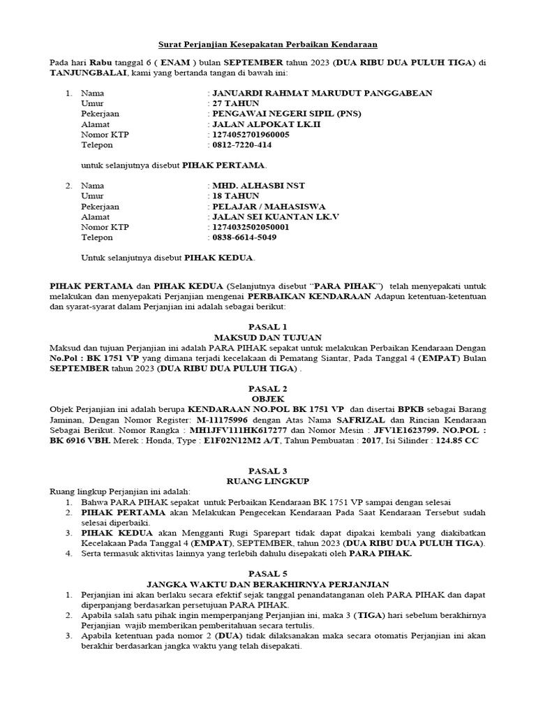 Surat Perjanjian Kesepakatan Perbaikan Kendaraan | PDF