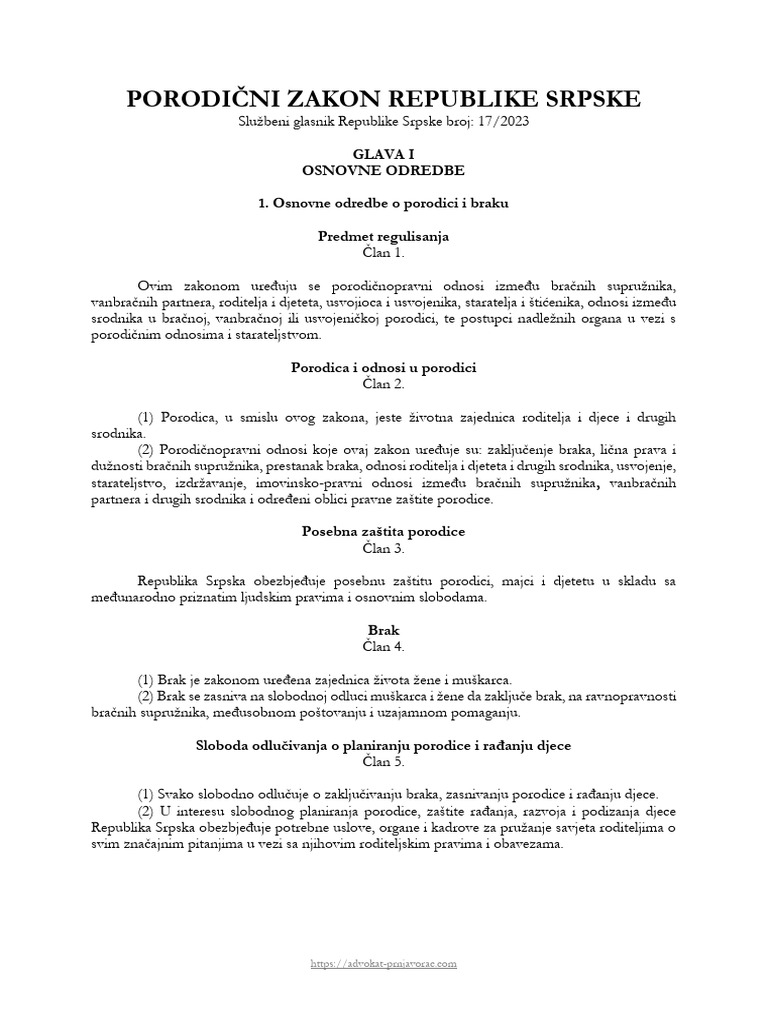 Porodicni Zakon Republike Srpske 2023 | PDF