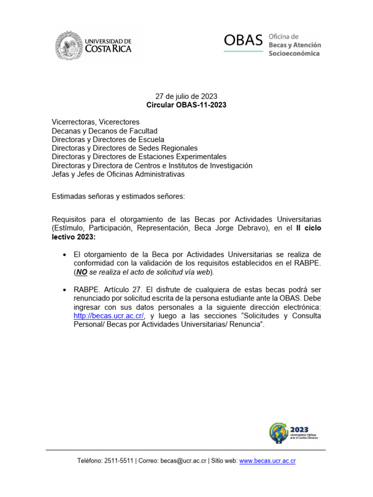 Circular OBAS 11 2023 | PDF | Finanzas y dinero | Ciencia y matemáticas
