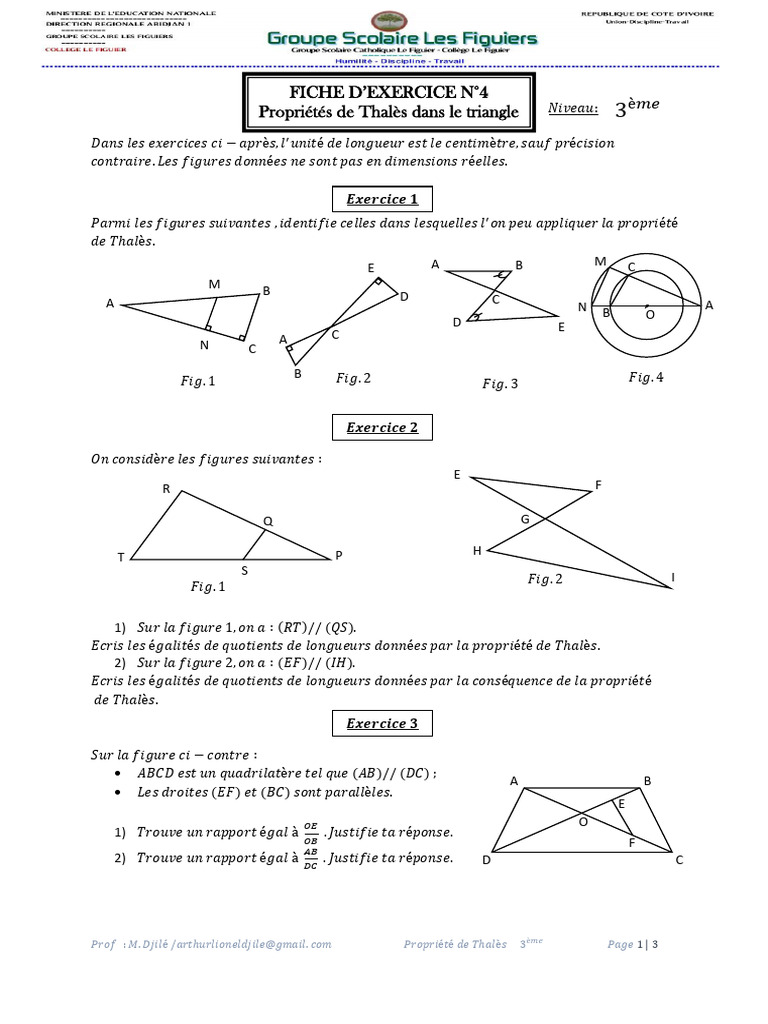Fiche D'exercice N°2 3eme Propriété de Thalès Dans Le Triangle PDF | PDF
