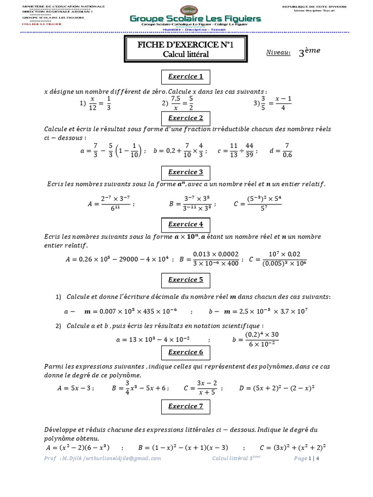 Fiche D'exercice N°1 3eme Calcule Littérale PDF | PDF
