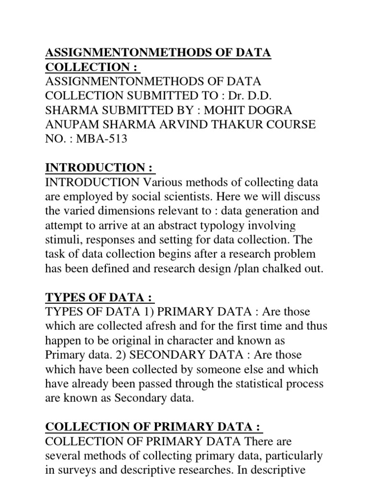 Assignment On Methods of Data Collection | PDF | Question | Questionnaire