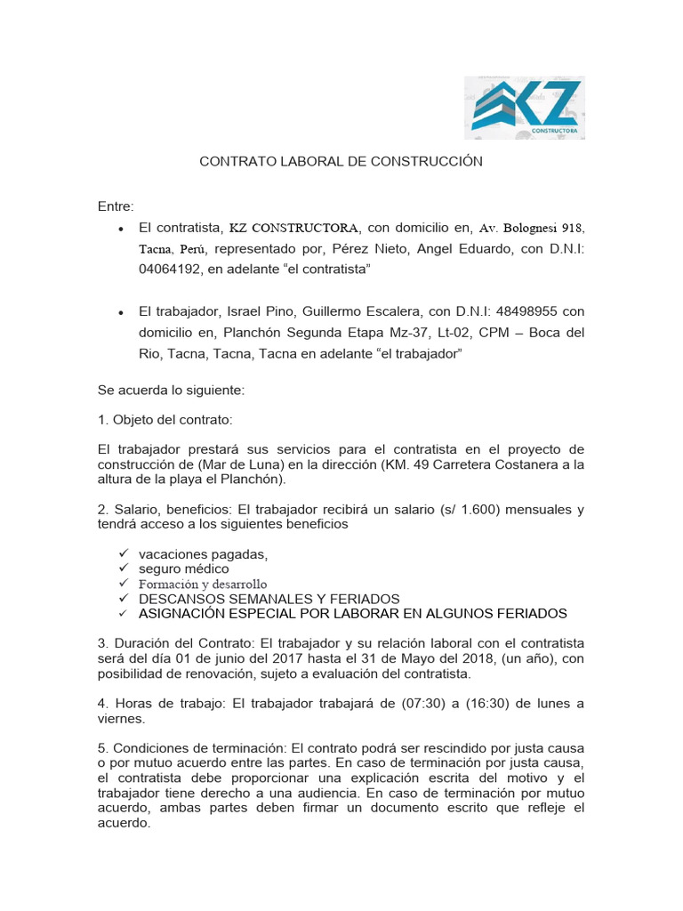 CONTRATO LABORAL DE CONSTRUCCIÓN | PDF