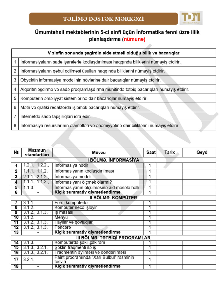 5-Ci Sinif İnformatika-illik Plan | PDF