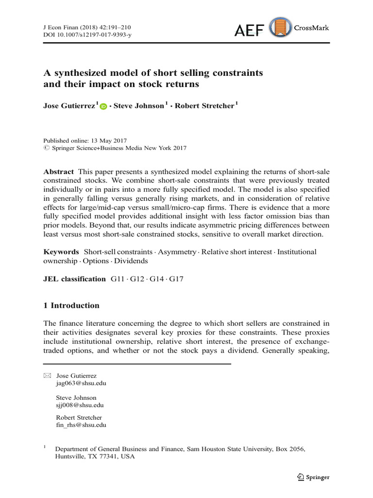 A Synthesized Model of Short Selling Constraints and Their Impact On ... A Synthesized Model of Short Selling Constraints and Their Impact On ...
