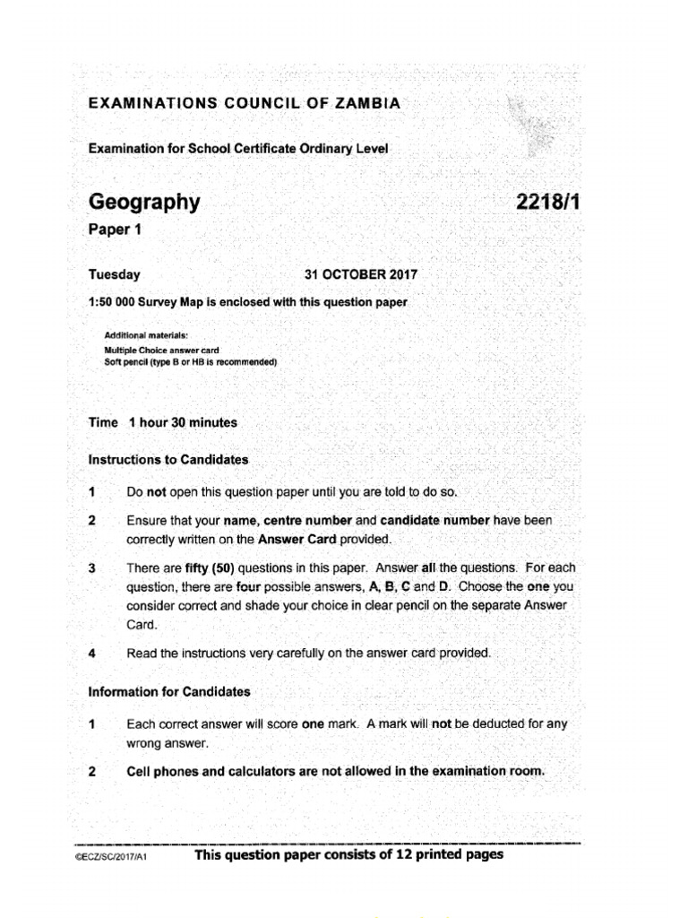 2017 Geography Paper 1 Past Paper | PDF