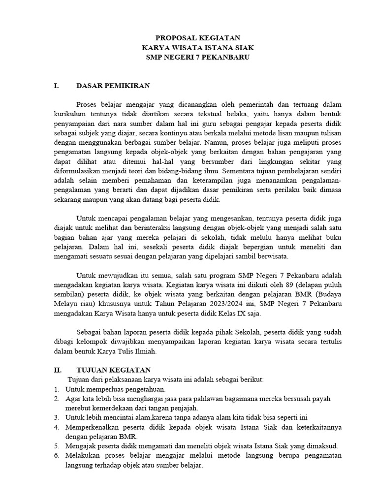 Proposal Study Tour Istana Siak 2023 | PDF