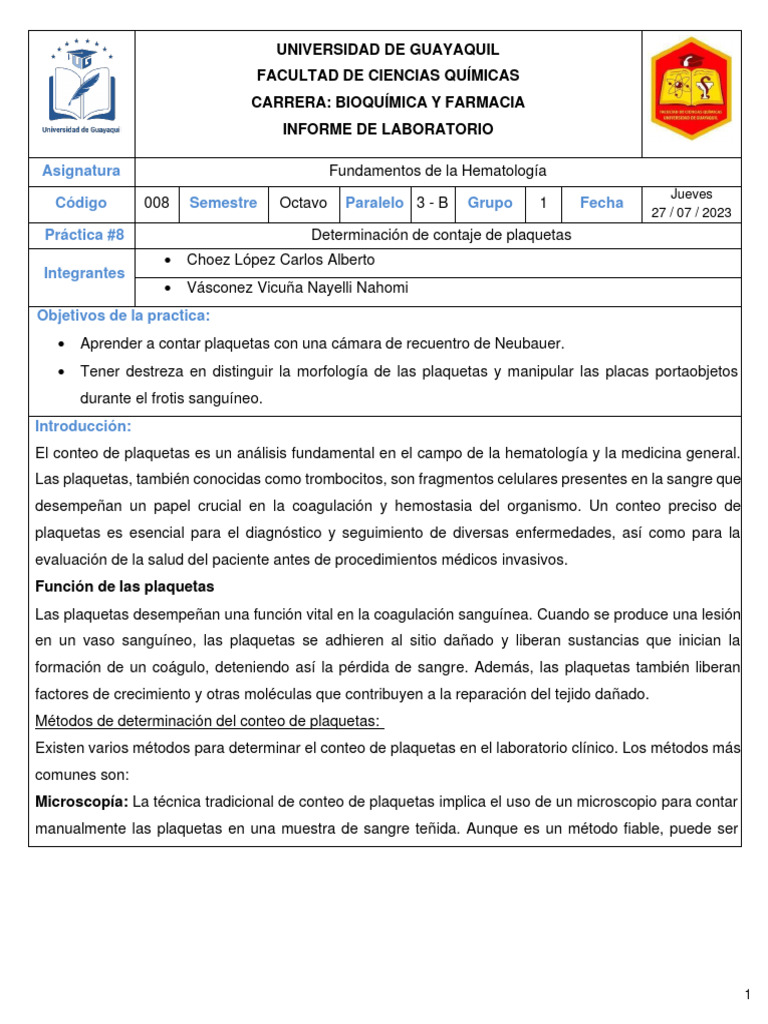 Informe 8 | PDF | Plaqueta | Sangre
