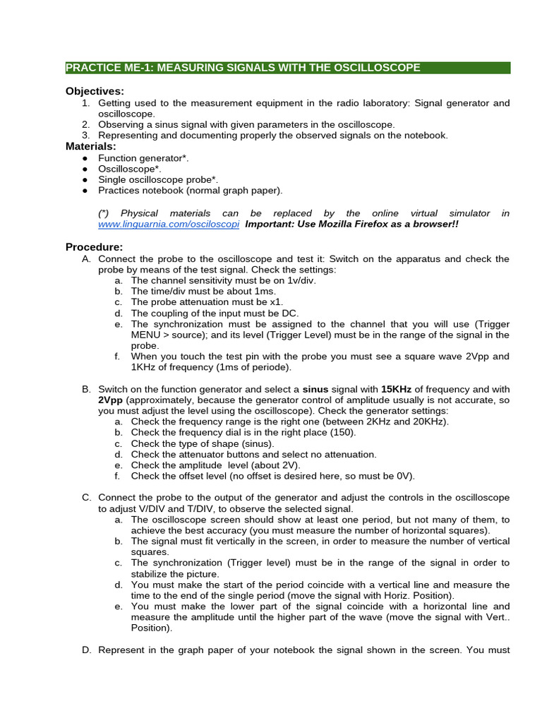 Practice Me-1 - Measuring Signals With The Oscilloscope | PDF ...