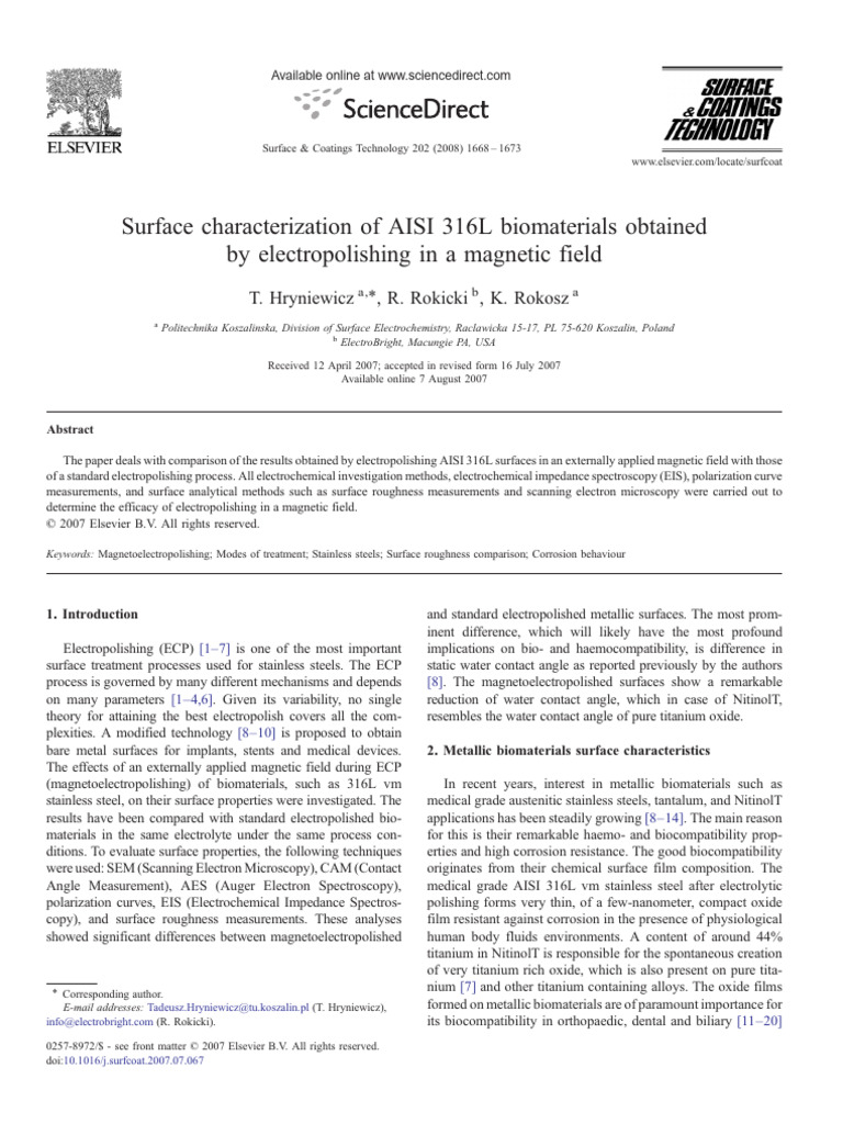 Surface Characterization of AISI 316L Biomaterials Obtained | PDF ... Surface Characterization of AISI 316L Biomaterials Obtained | PDF ...