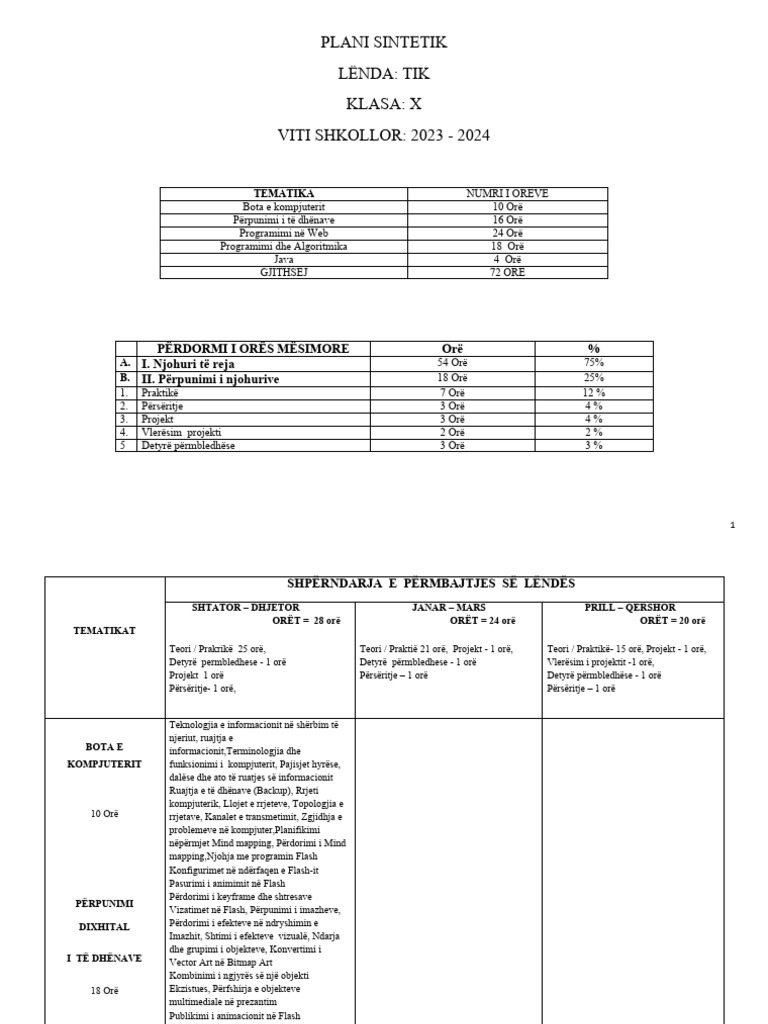 TIK 10 - Plani Mesmor 2023-2024 | PDF