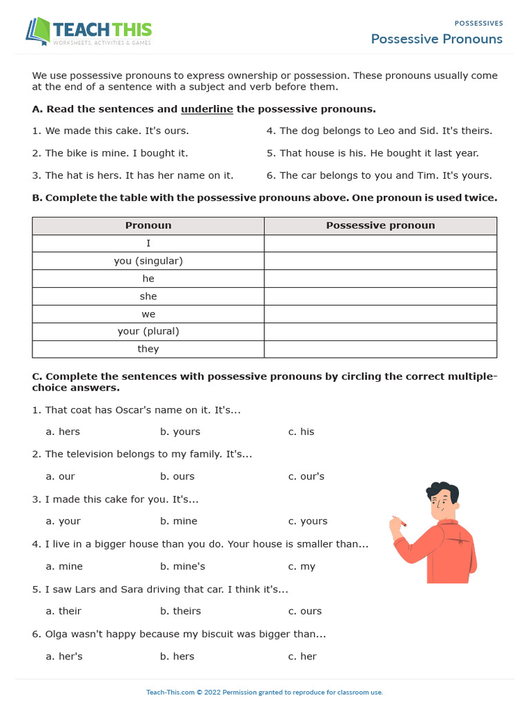 Possessive Pronouns Worksheet (1) | PDF | Pronoun | Syntactic Relationships