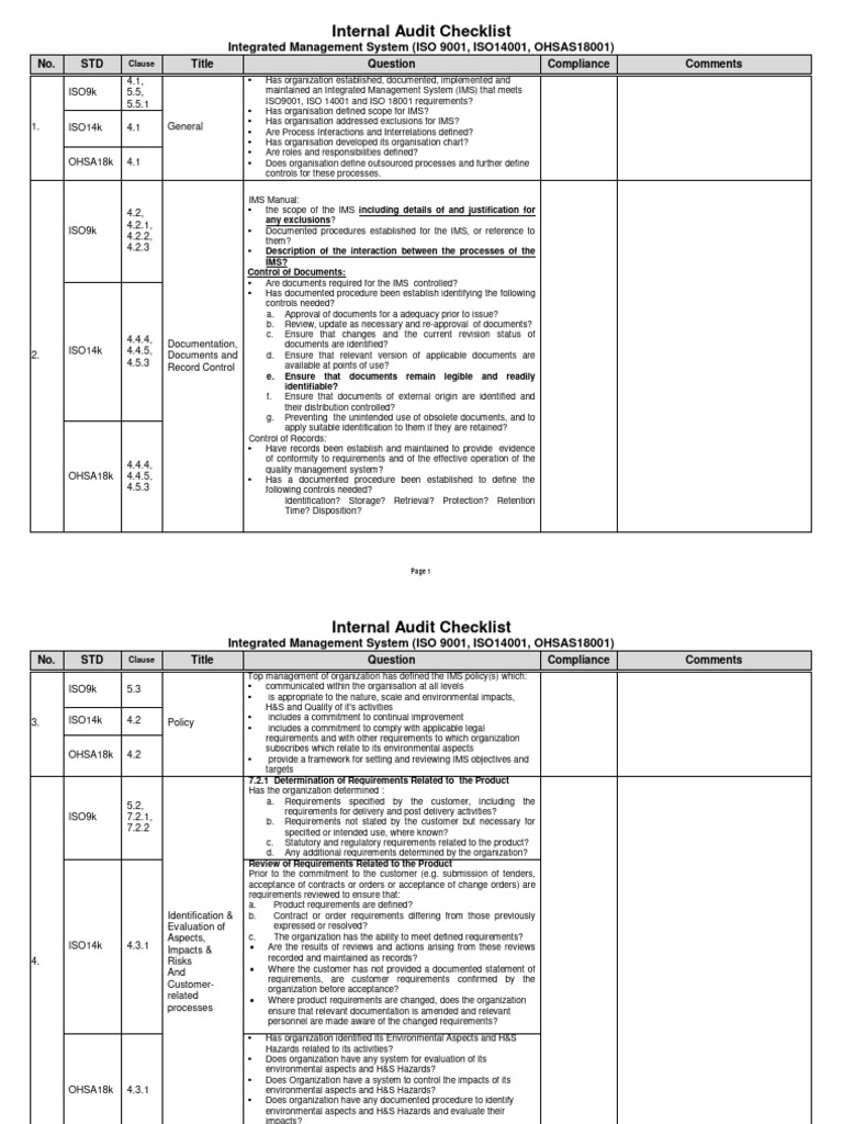 IMS - Internal Audit Checklist | PDF | Verification And Validation | Iso 9000