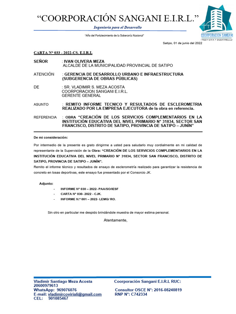 Carta 033 Remito Informe Tecnico San Francisco | PDF Carta 033 Remito Informe Tecnico San Francisco | PDF