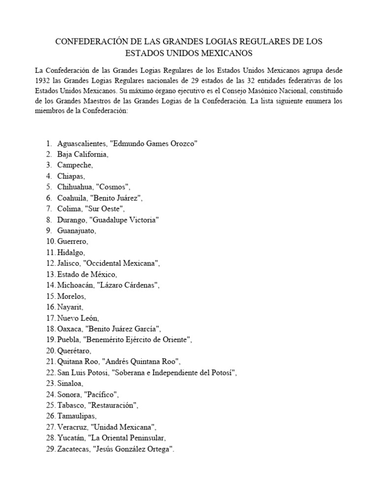 Confederación de Las Grandes Logias Regulares de Los Estados Unidos ...