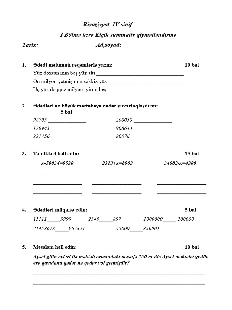 Riyaziyyat IV Sinif ksq-1 | PDF