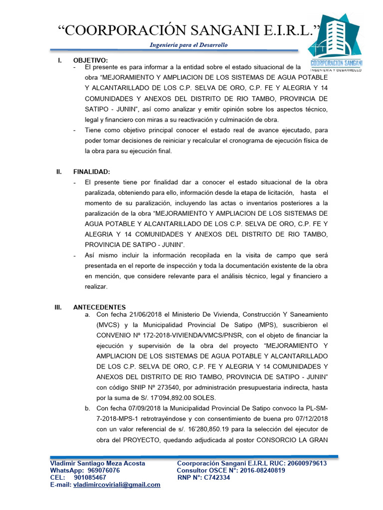 Informe Tecnico 001 - Inf. Tec de Respuesta de Reinicio de Obra Selva de Oro | PDF