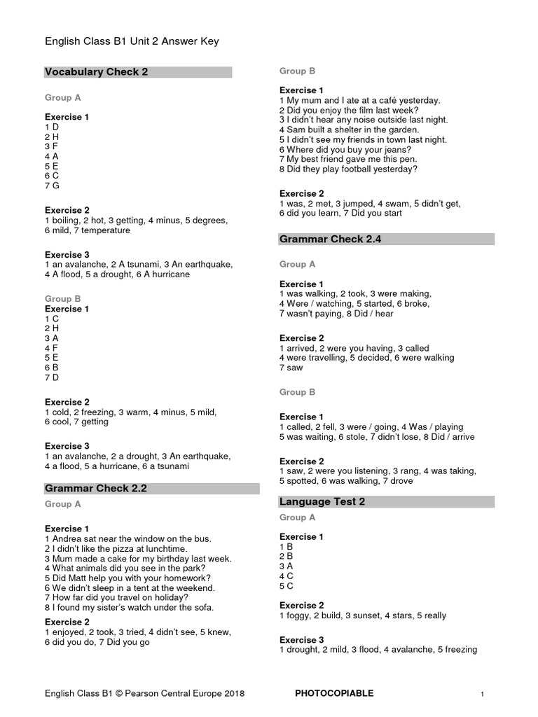 English B1 Unit 2 Answer Key | PDF