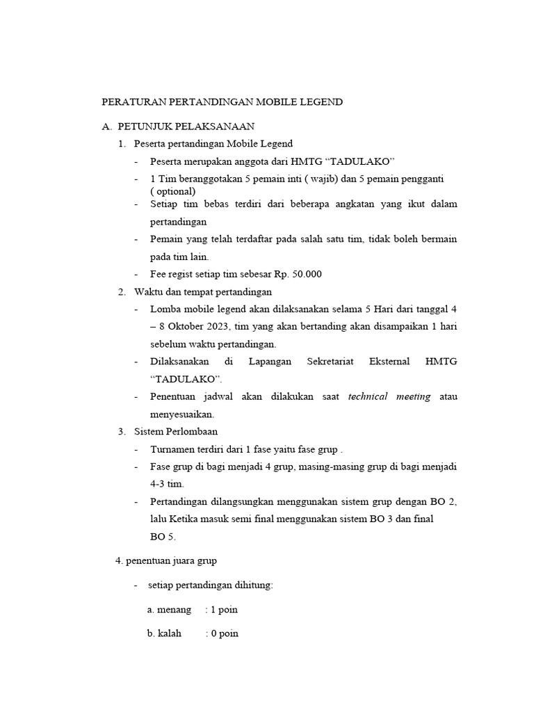 Peraturan Pertandingan Mobile Legend | PDF