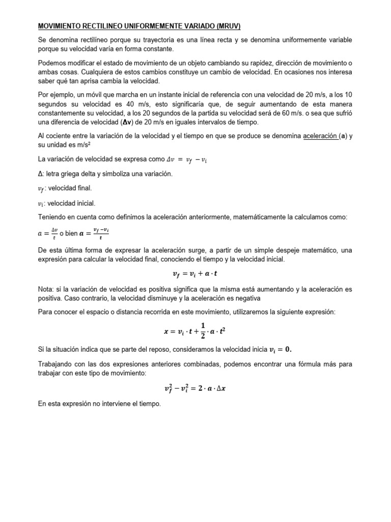 Movimiento Rectilineo Uniformemente Variado | PDF | Velocidad | Aceleración