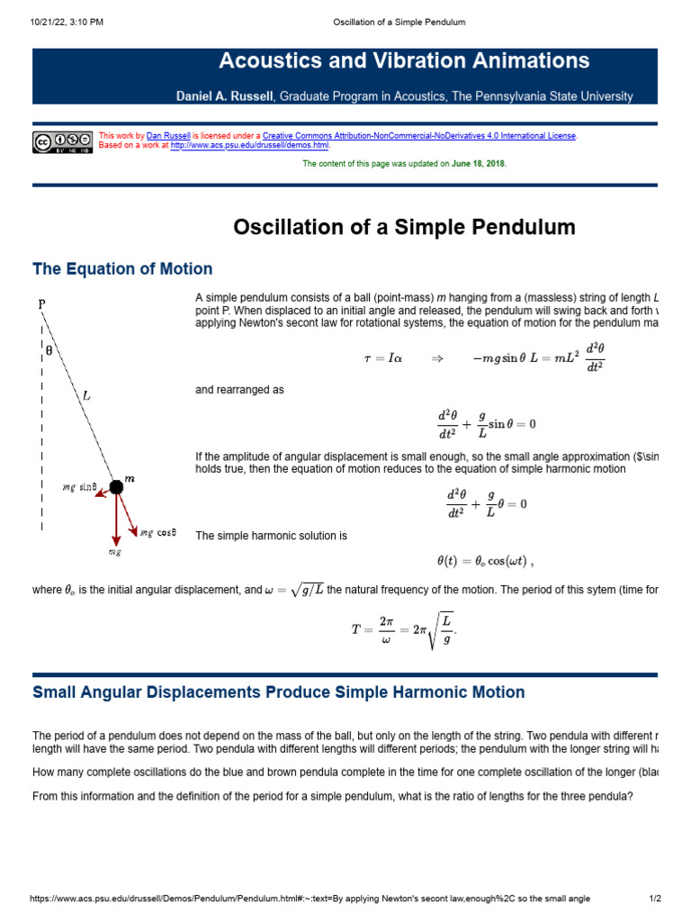 Oscillation of A Simple Pendulum | PDF | Oscillation | Pendulum