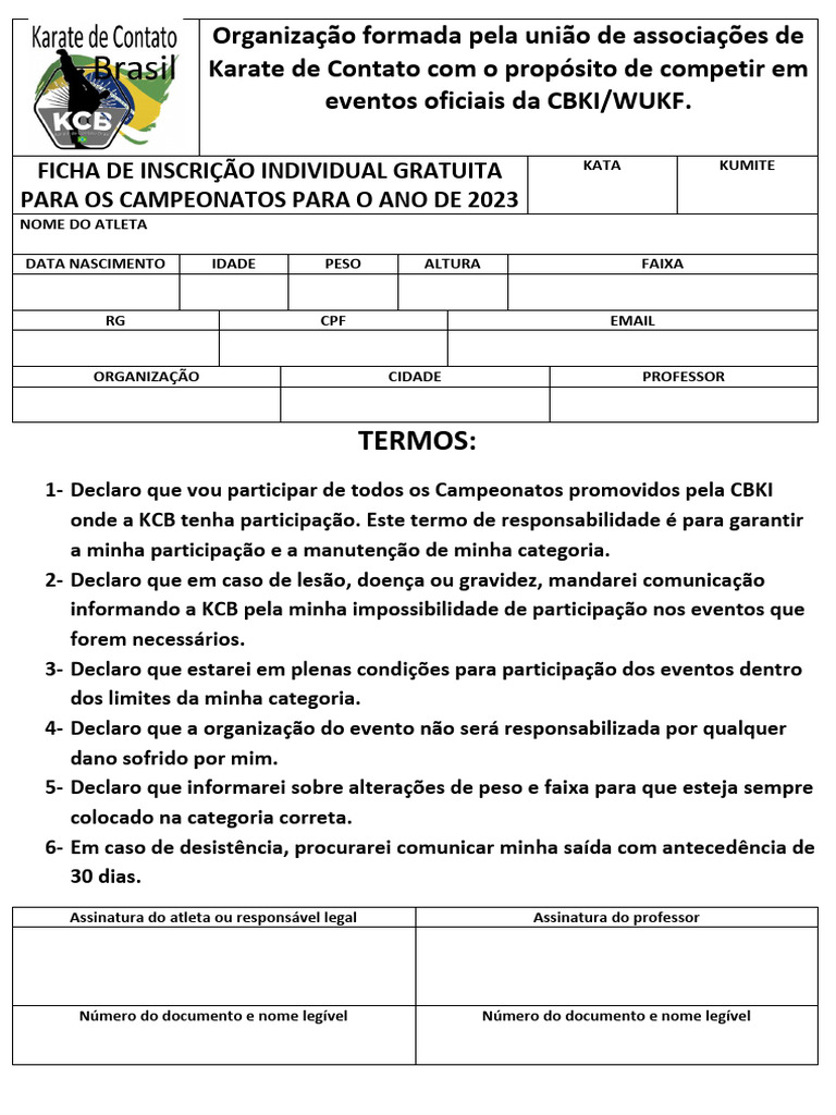 Ficha de Inscrição de Campeonato 2023 | PDF