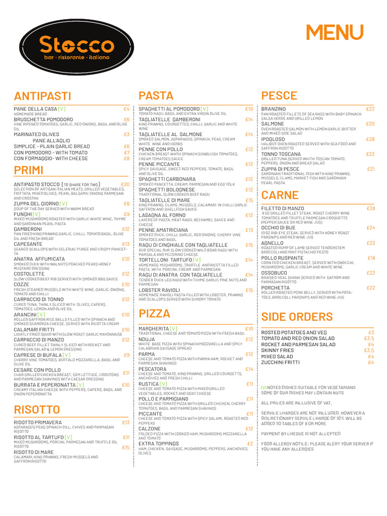 Stocco A3 Menu Main | PDF | Pizza | Pasta