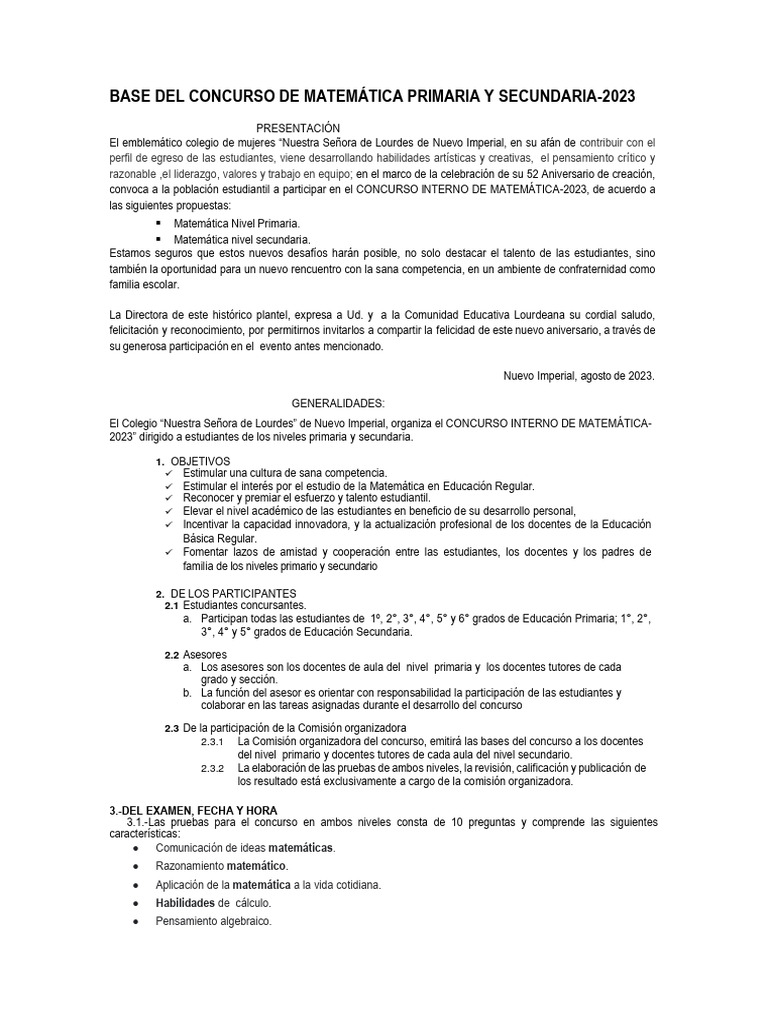 Base Del Concurso de Matemática - 2023 | PDF | Números | Trigonometría