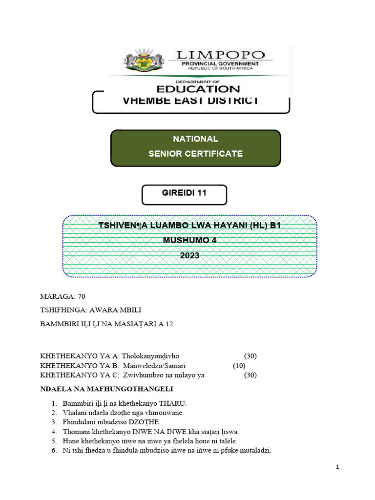 Tshivenda Grade 11 Mushumo 4 2023 | PDF