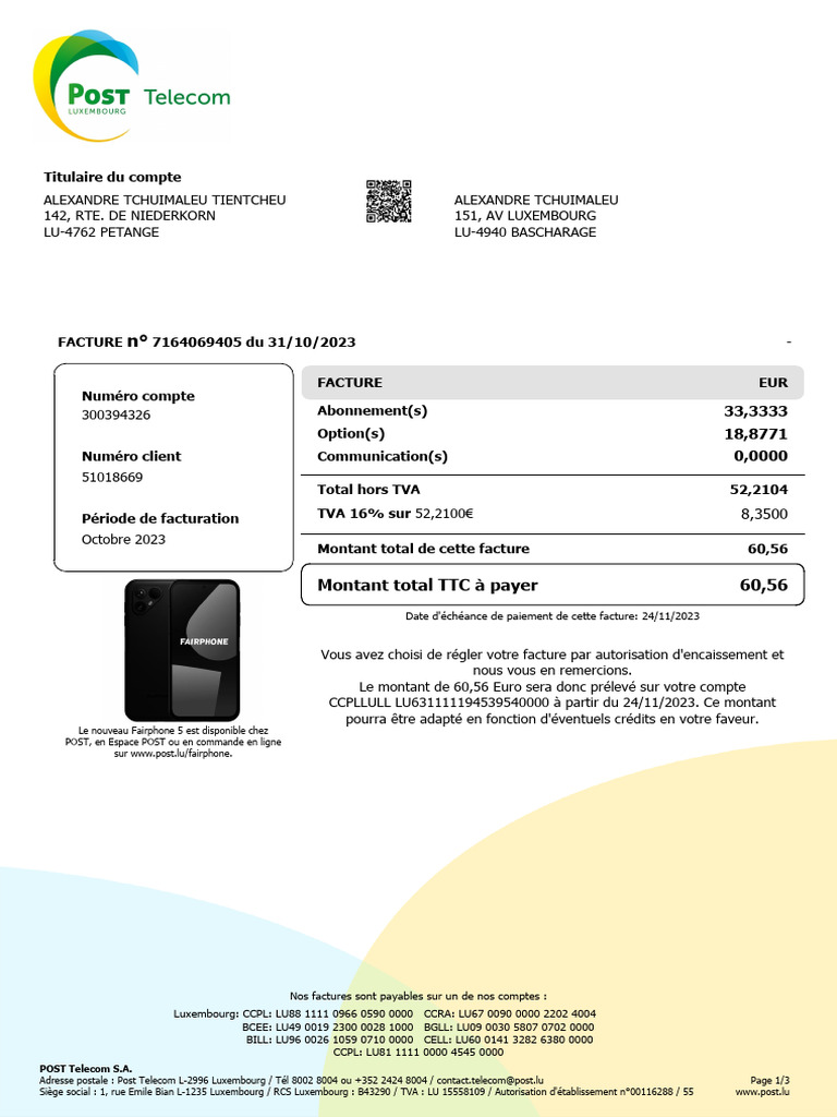 Facture POST Telecom - Octobre 2023 | PDF | Facture | Taxe sur la ...