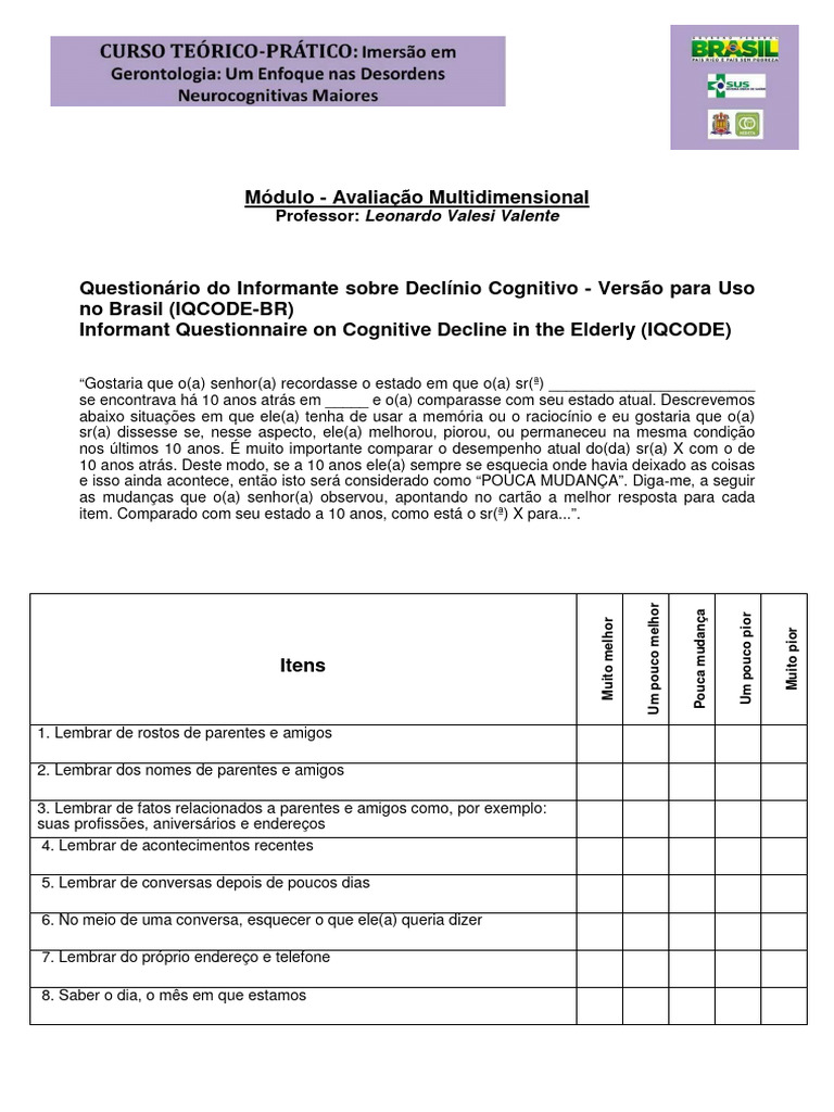 Questionário do Informante sobre Declínio Cognitivo - IQCODE | PDF