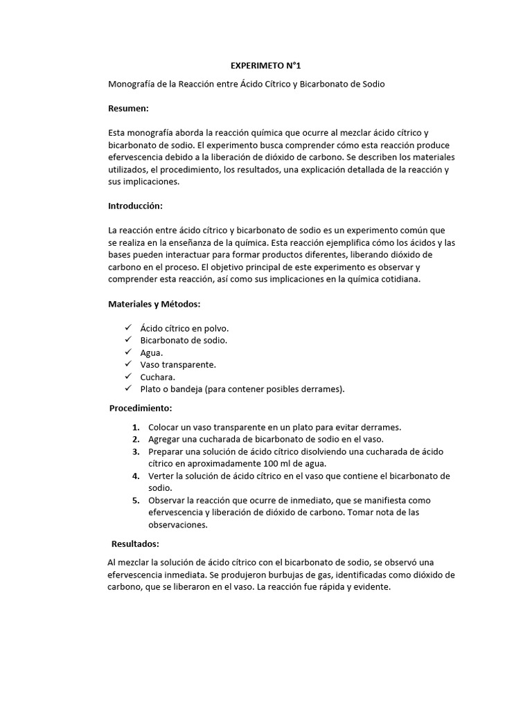EXPERIMETO N°1 | PDF | Ácido | Bicarbonato