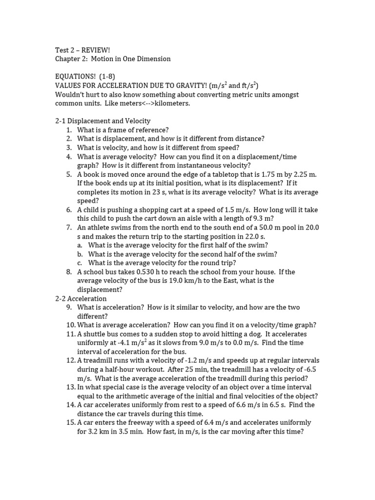 Physics Test 2 Review | PDF | Speed | Velocity
