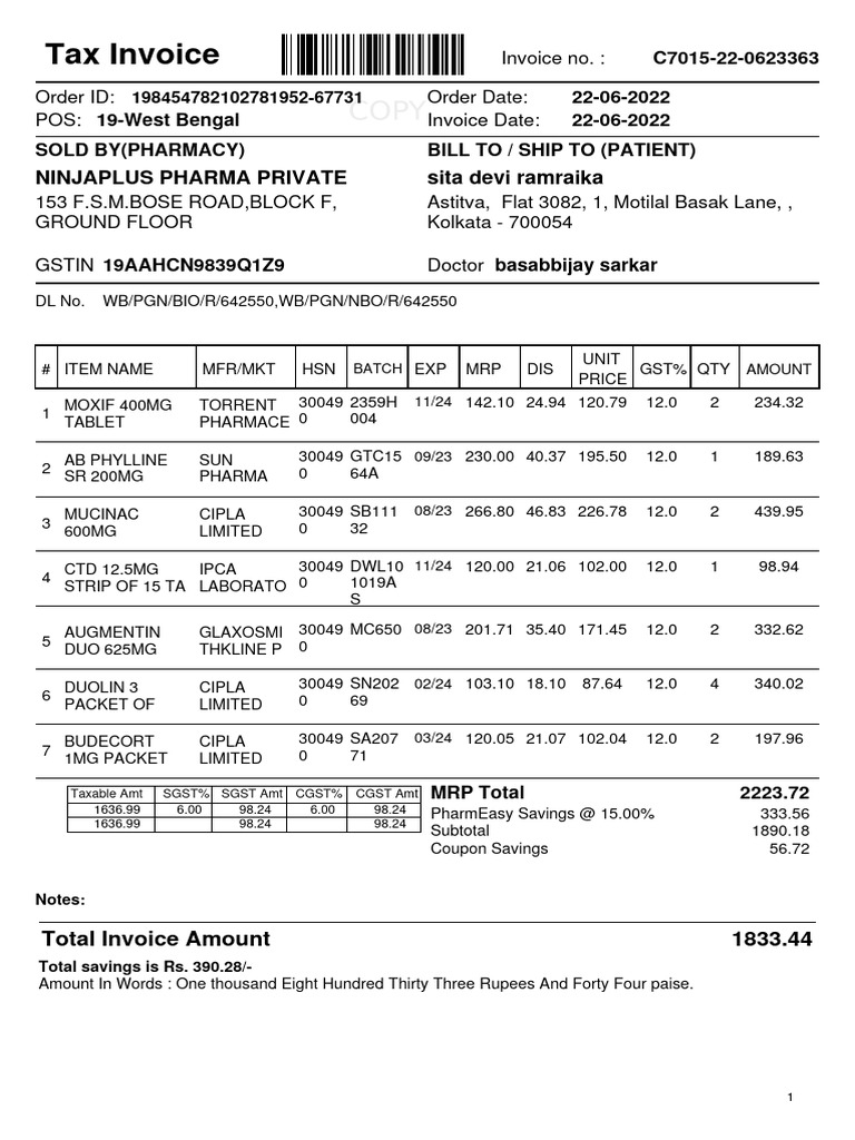 Pharmacy Invoice for Patients | PDF | Government Finances | Taxes