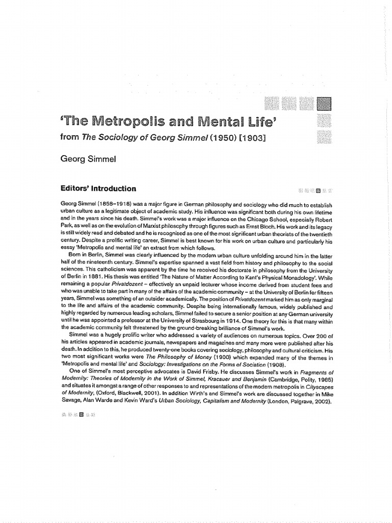 Simmel - The Metropolis and Mental Life | PDF