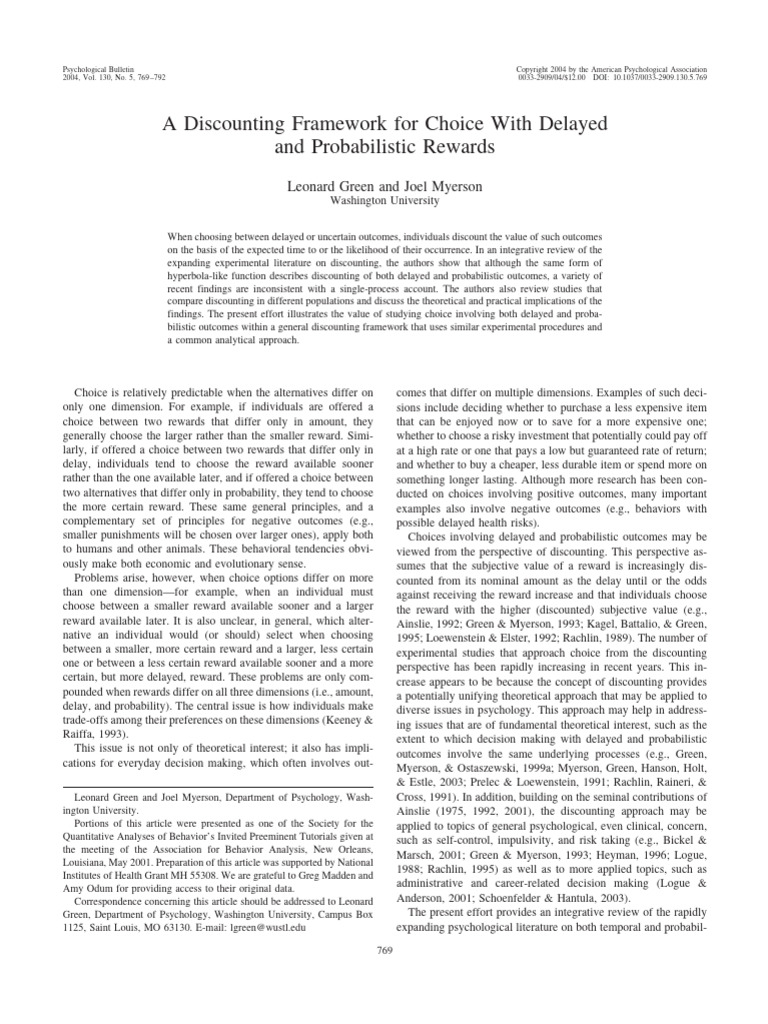 A Discounting Framework For Choice With Delayed | PDF | Delayed ...