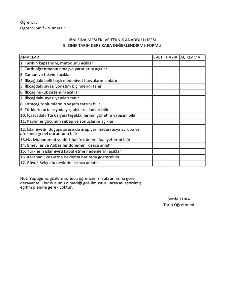 9.sınıf Kaba Değerlendirme Formu | PDF