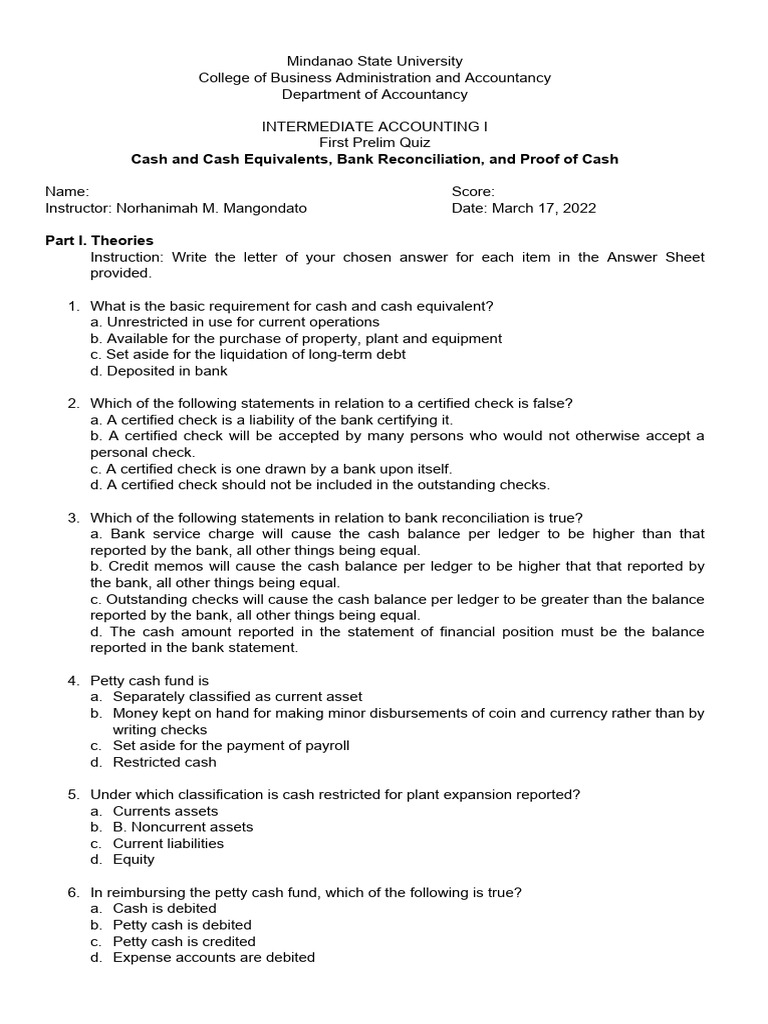 Cash and Cash Equivalents, Bank Reconciliation, and Proof of Cash | PDF ...