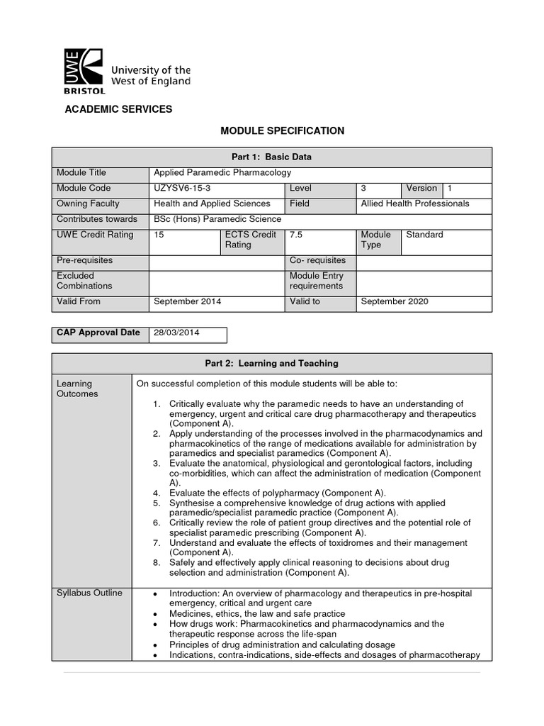 Specification | PDF | Paramedic | Pharmacology